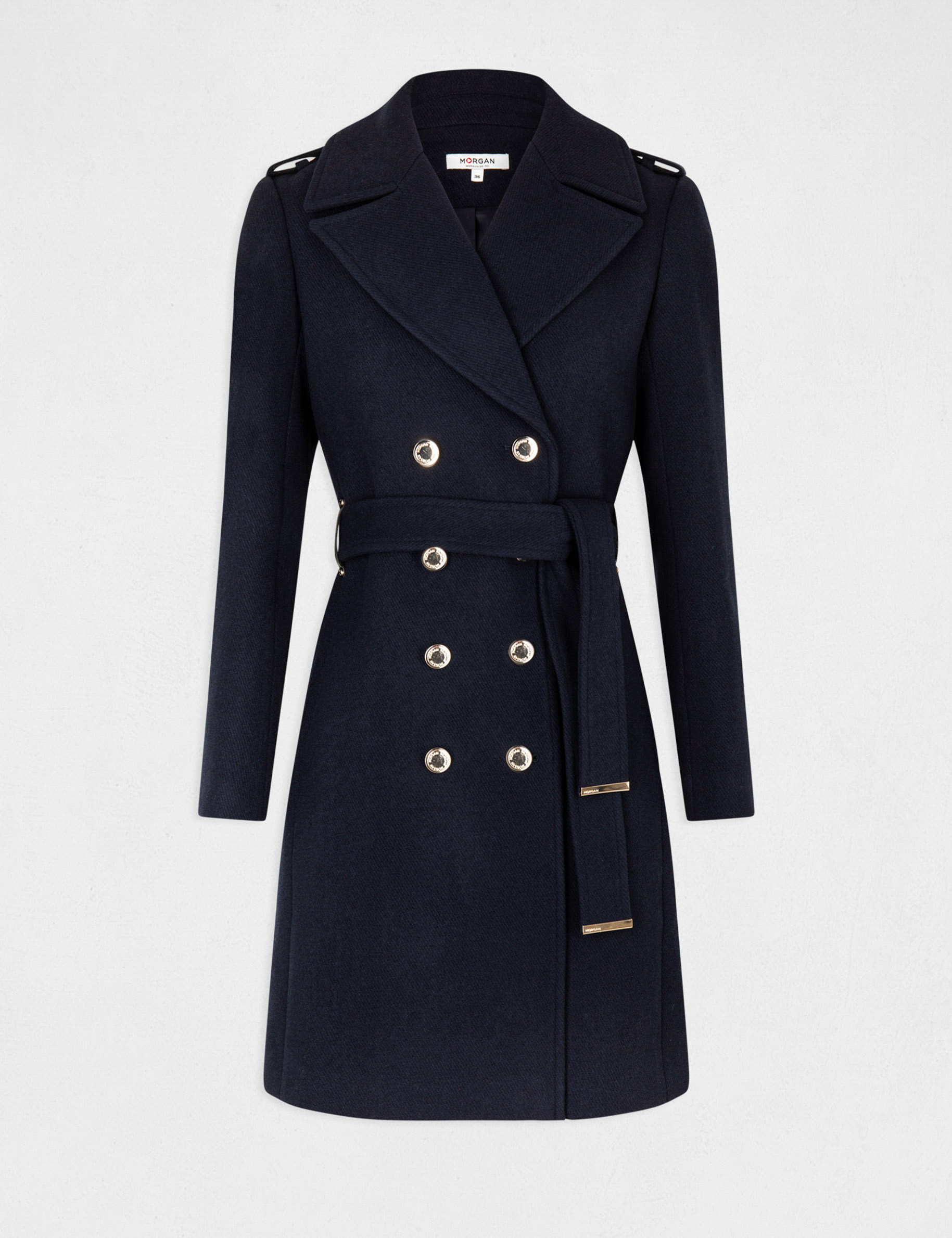 Getailleerde lange mantel met riem marine vrouw | Morgan