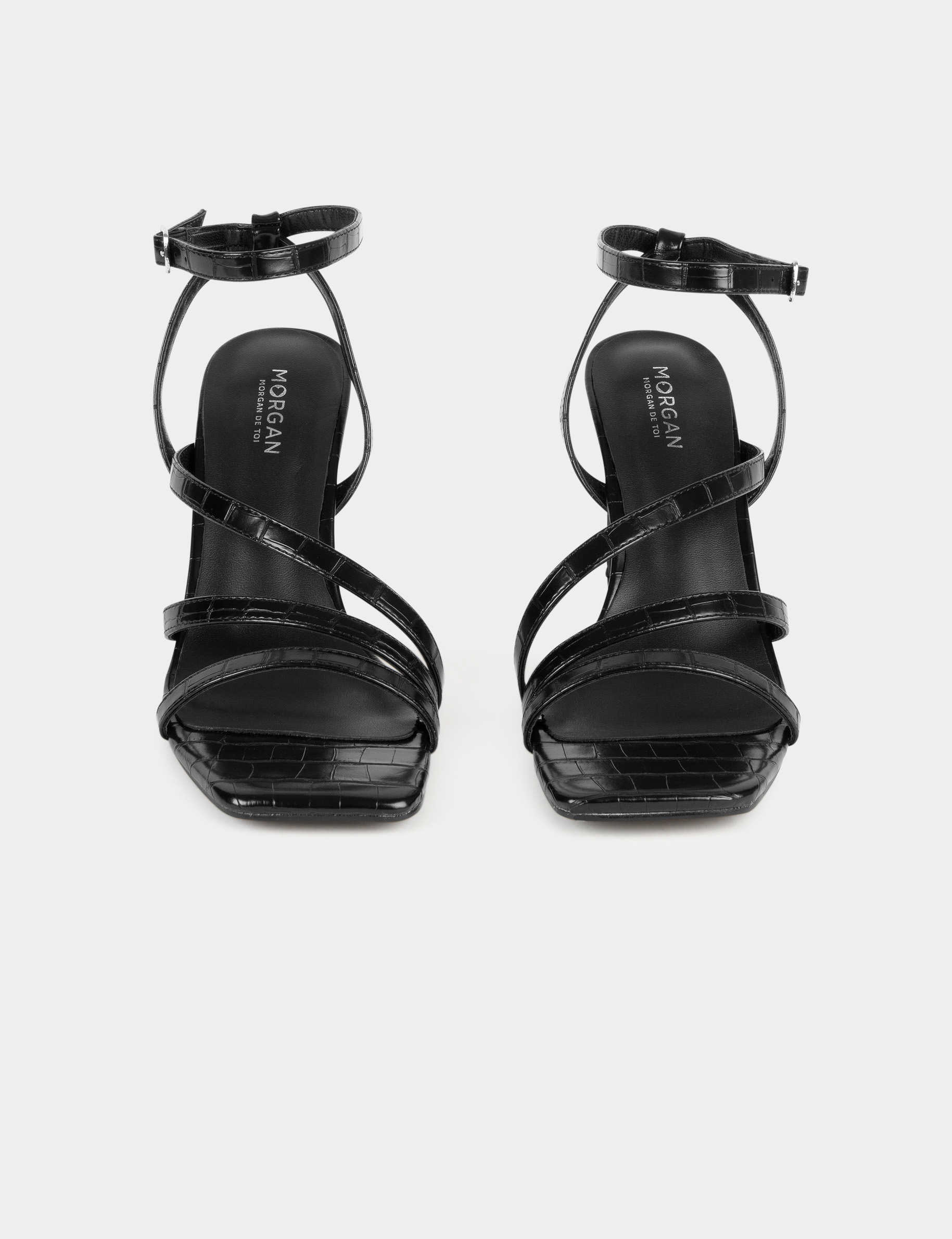 Sandales à talons croco vernies noir femme | Morgan