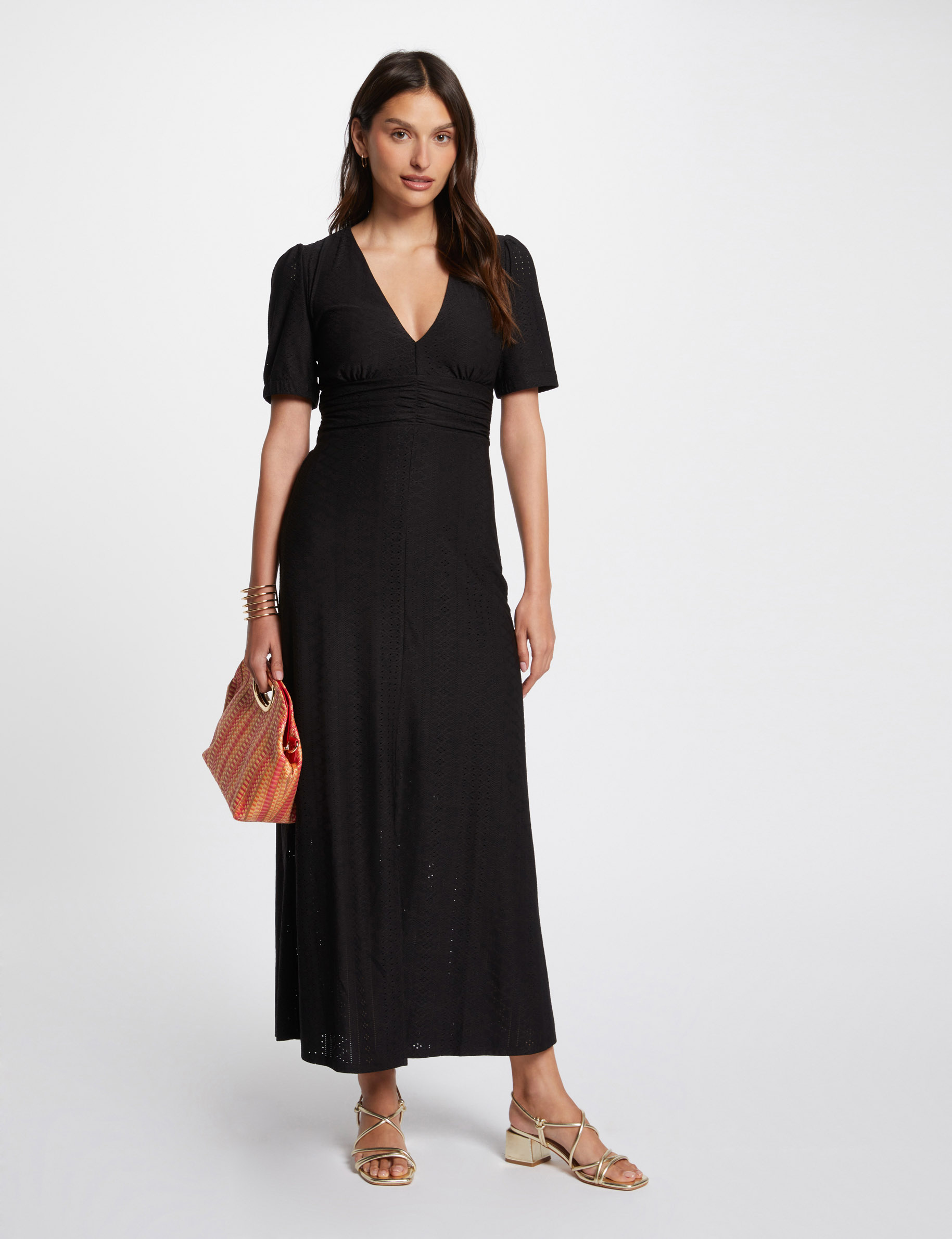 Robe longue cintrée brodée noir femme | Morgan