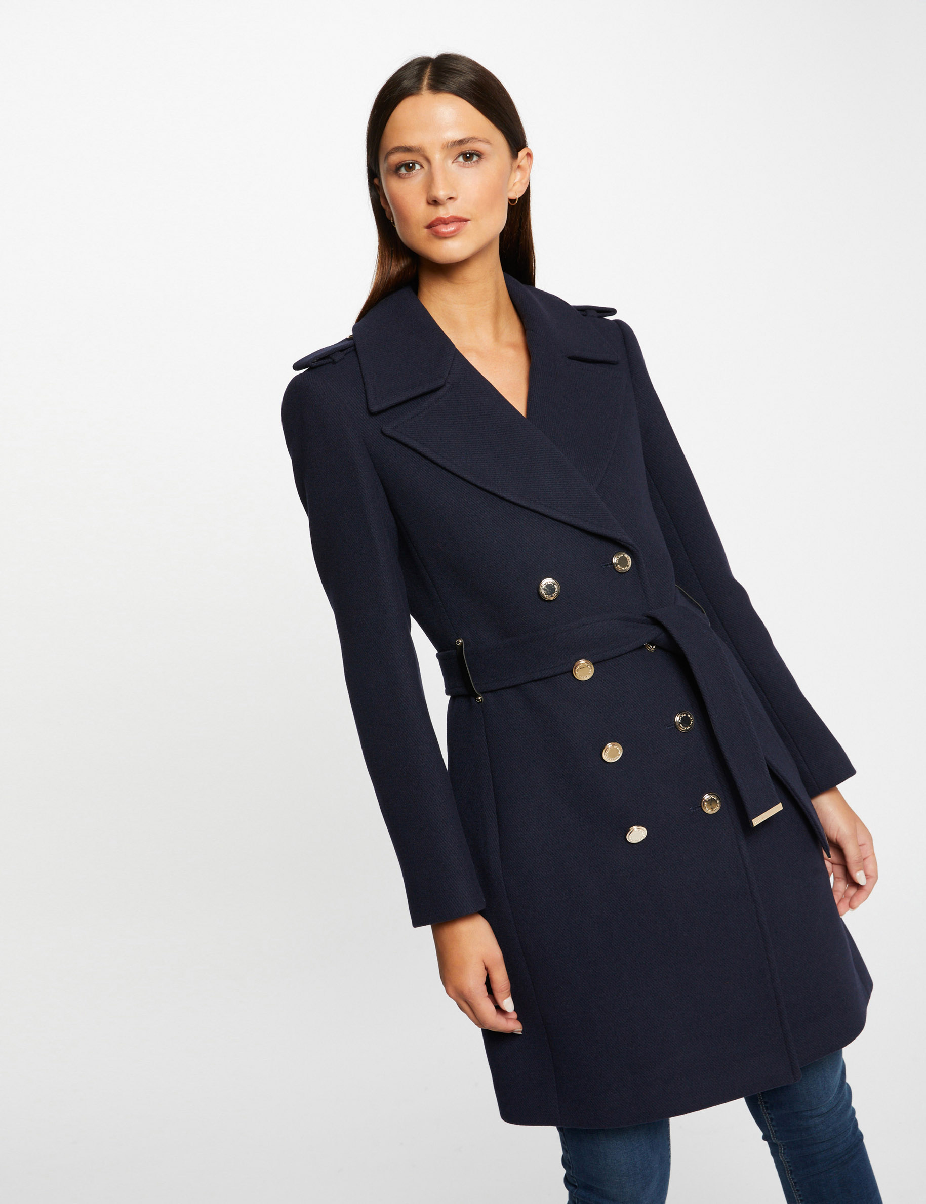 Getailleerde lange mantel met riem marine vrouw | Morgan