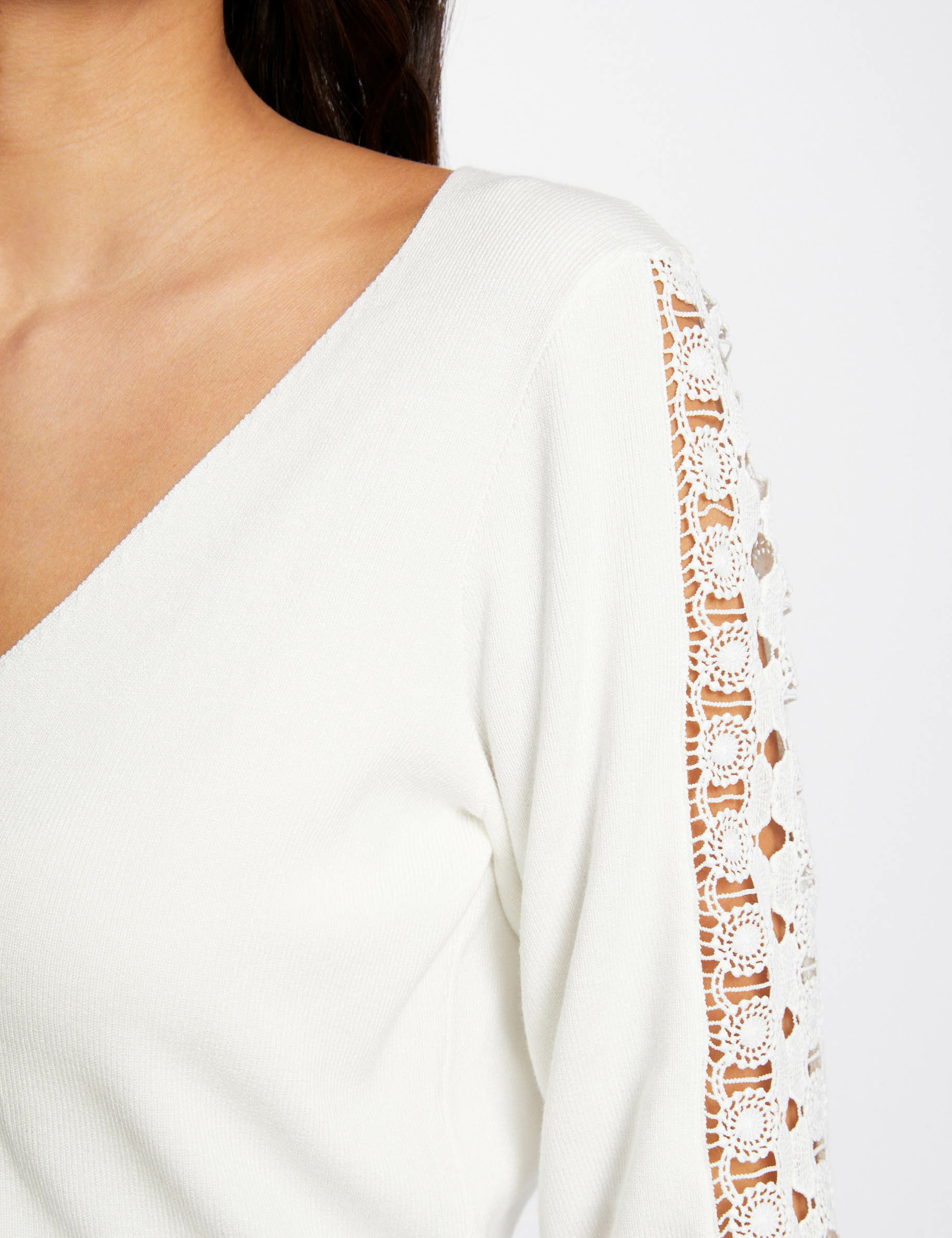 Pull manches longues à dentelle ecru femme | Morgan
